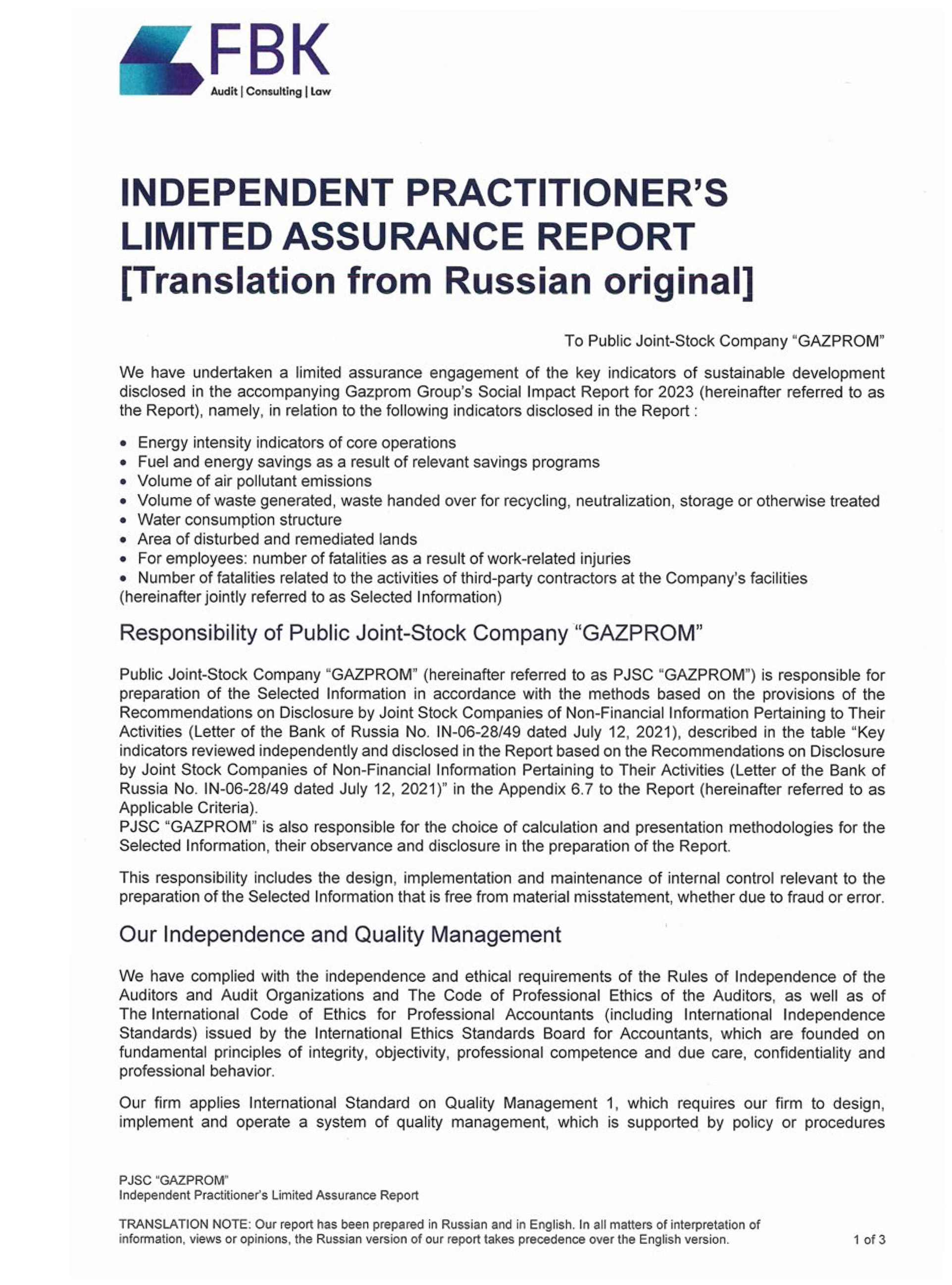 Approval from FBK | Gazprom Group's Social Impact Report